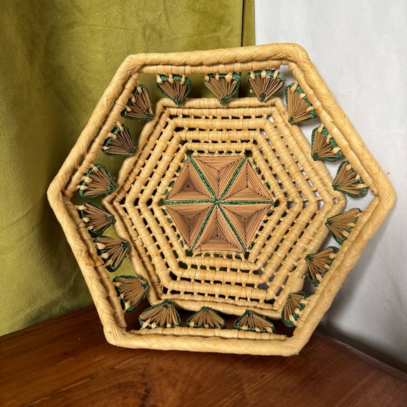 Accents | Hexagonal Woven Basket With Green And Star | Poshmark